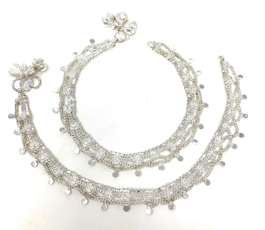 Traditional Indian Style Silver Curved Edge Payal Bell Anklet Pair Set - Duel On Jewel